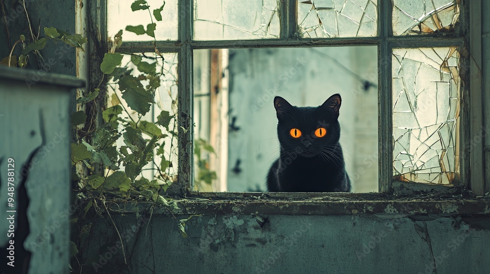 A sleek black cat perches at a weathered window its bright orange eyes ...
