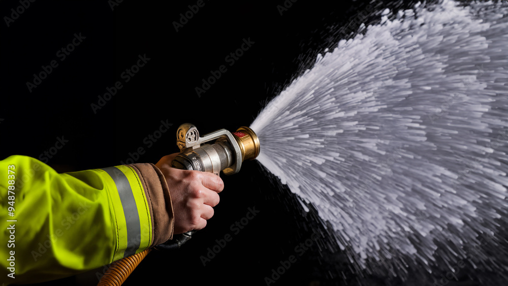 A firefighter's hand tightly grips a hose as it sprays a powerful ...
