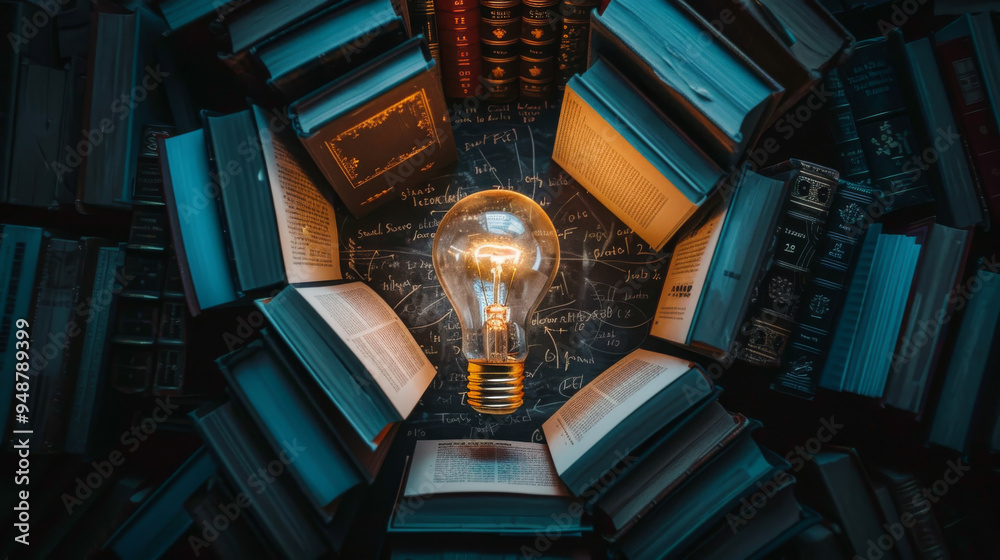 Glowing light bulb surrounded by books. Educational knowledge and ...