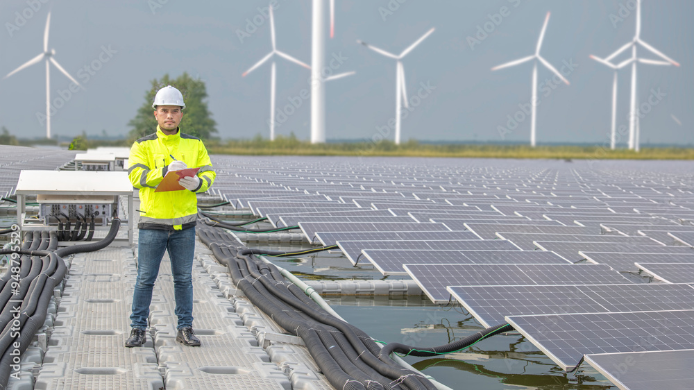 Engineer working at floating solar farm,checking and maintenance with ...