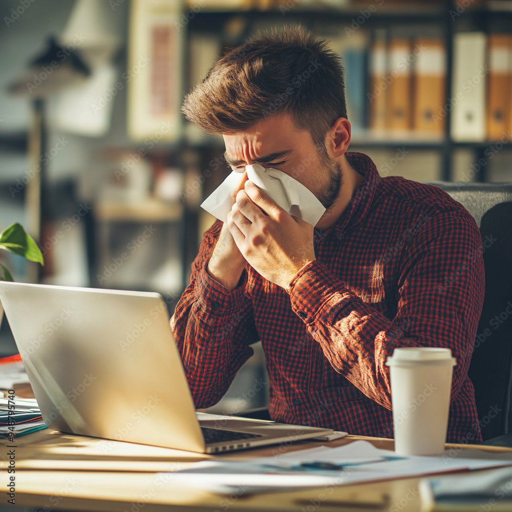 A young man feeling unwell works at his office desk. He holds a tissue ...