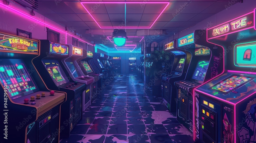nostalgic arcade haven bathed in neon glow featuring rows of vintage game cabinets pixelated ...