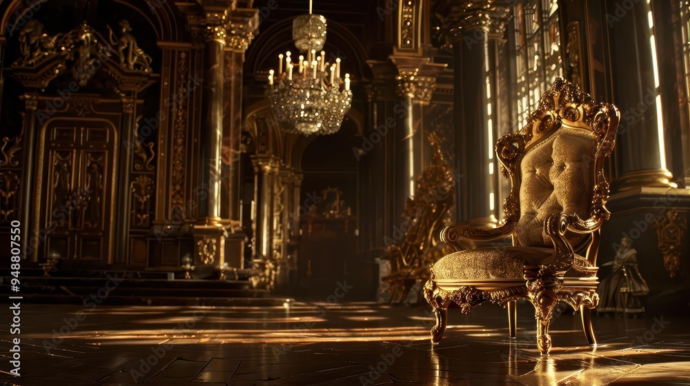 ornate golden throne in a grand shadowy castle hall intricate carvings ...