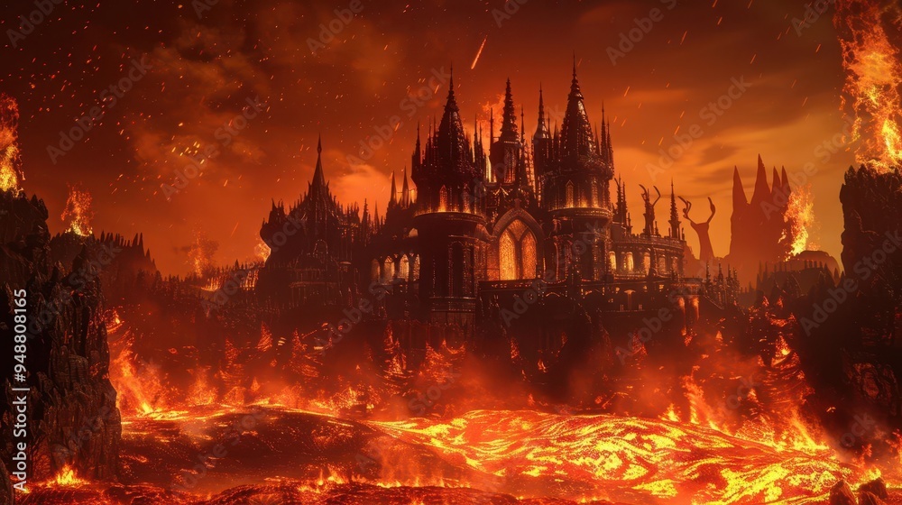 otherworldly fortress rising from a sea of lava its twisted spires and ...