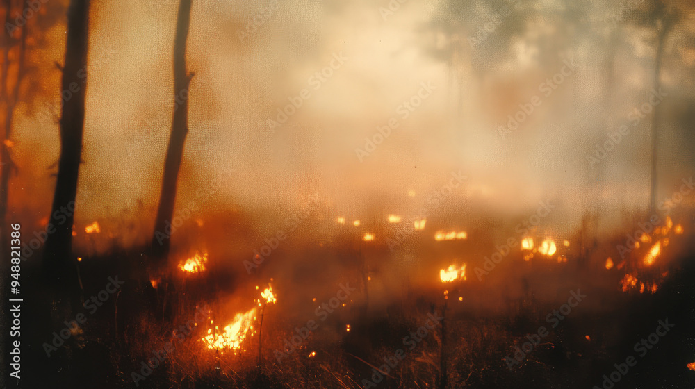 The ground is covered in fire amidst a large-scale forest fire, with ...