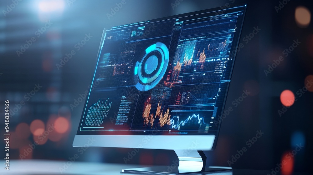 A computer monitor displaying data analysis charts and graphs, representing business ...