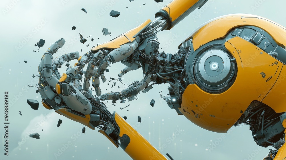 A futuristic robotic arm, torn apart by an unseen force, symbolizes the ...