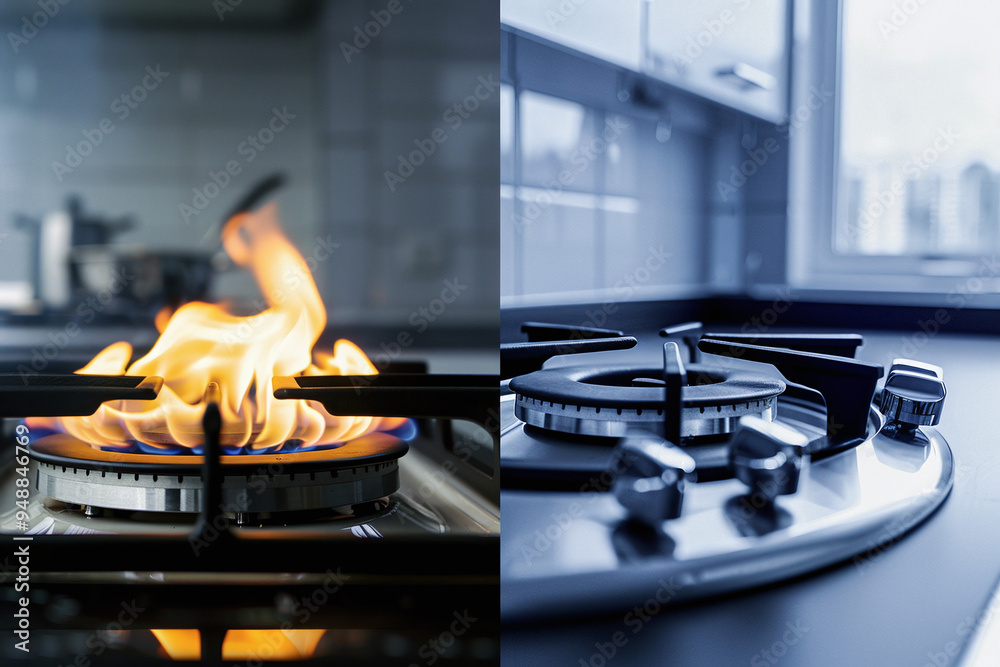 a traditional gas stove versus a modern hydrogen-powered cooktop ...