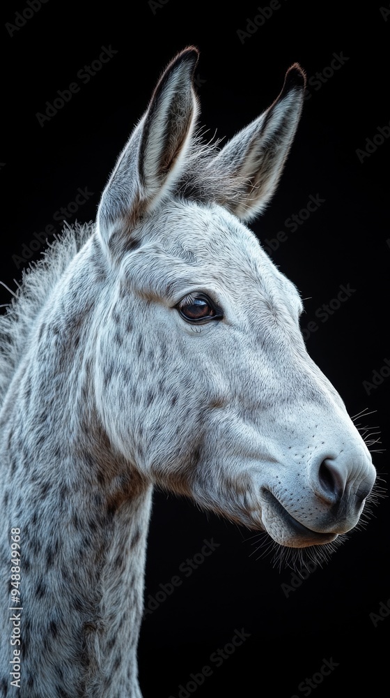 Image captures a close-up profile of a speckled white donkey on a dark ...