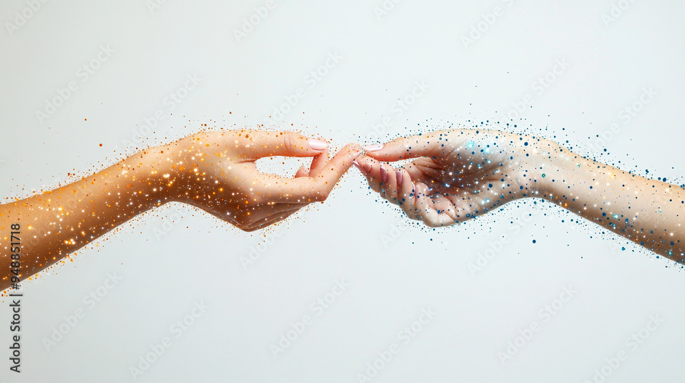 hands interacting with digital icons and social network symbols on a ...