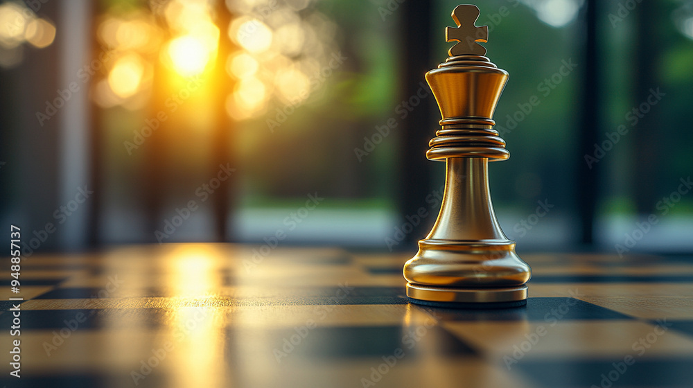 luxury metal chess piece on a blurred chessboard, symbolizing strategy ...