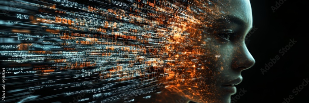 A woman's face dissolves into a vibrant stream of data, symbolizing ...