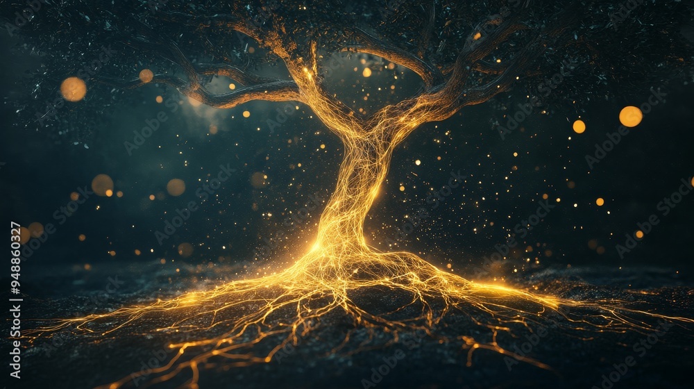 An abstract digital art image depicting a tree with glowing roots ...
