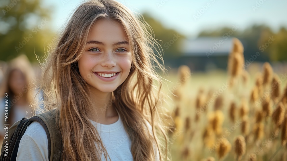 Smiling young girl with wavy hair on an excursion with school ...