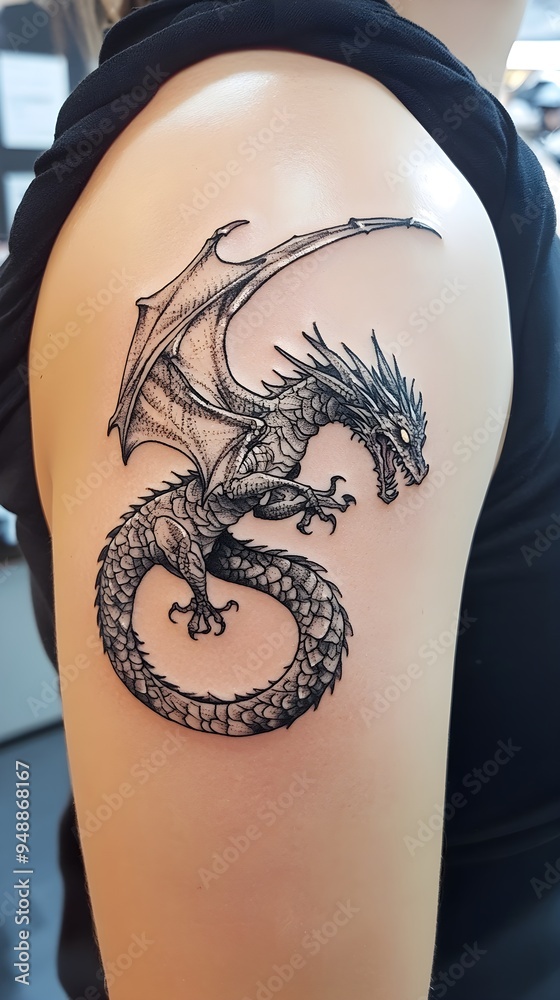 Detailed dragon tattoo in a dynamic pose on the upper arm, showcasing ...