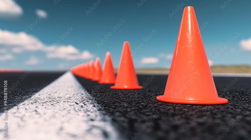Modern driving school setup focusing on traffic cones and a test track ...