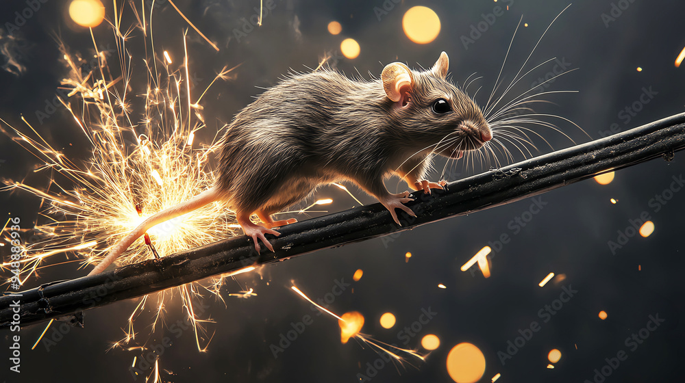 Artistic depiction of a rat caught in the act of chewing on electrical ...