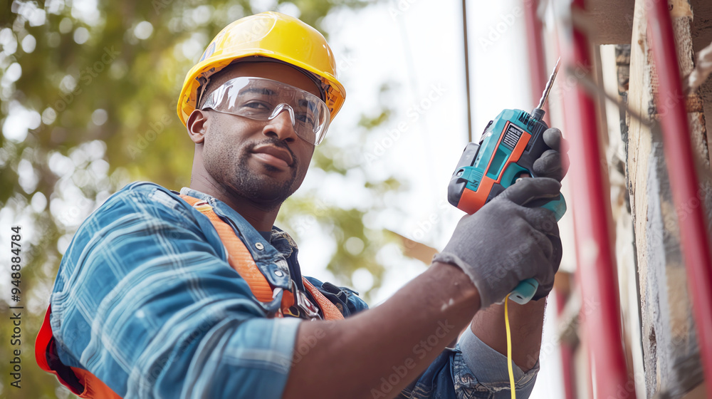 Construction worker using a power drill on a scaffold, emphasizing ...