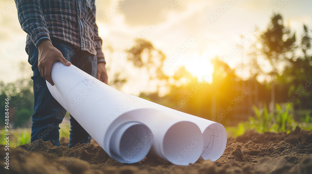 Engineer overseeing construction site with blueprints in hand ...