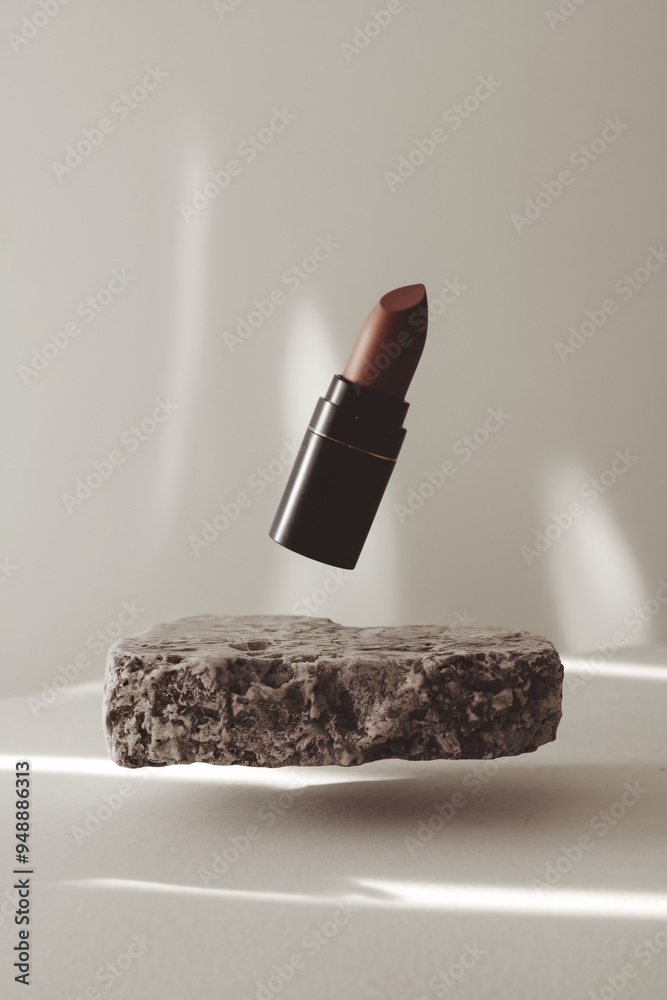 Floating Lipstick on Stone: Minimalist Product Photography of a brown ...