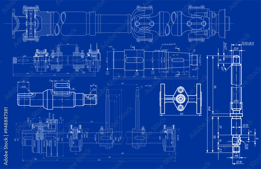 Vector engineering drawing of steel mechanical parts (set of shaft ...
