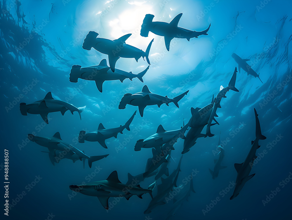 Deep water scene with hammerhead sharks circling together in a school ...