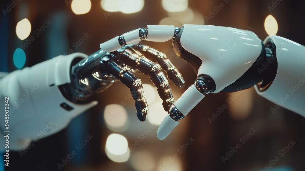 A humanoid robot arm is meticulously stacking coins on a table, each ...