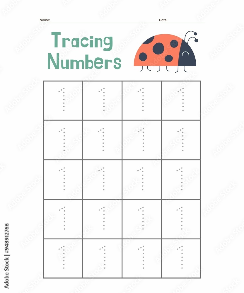 Tracing numbers worksheet featuring the number '1' in a grid of boxes ...