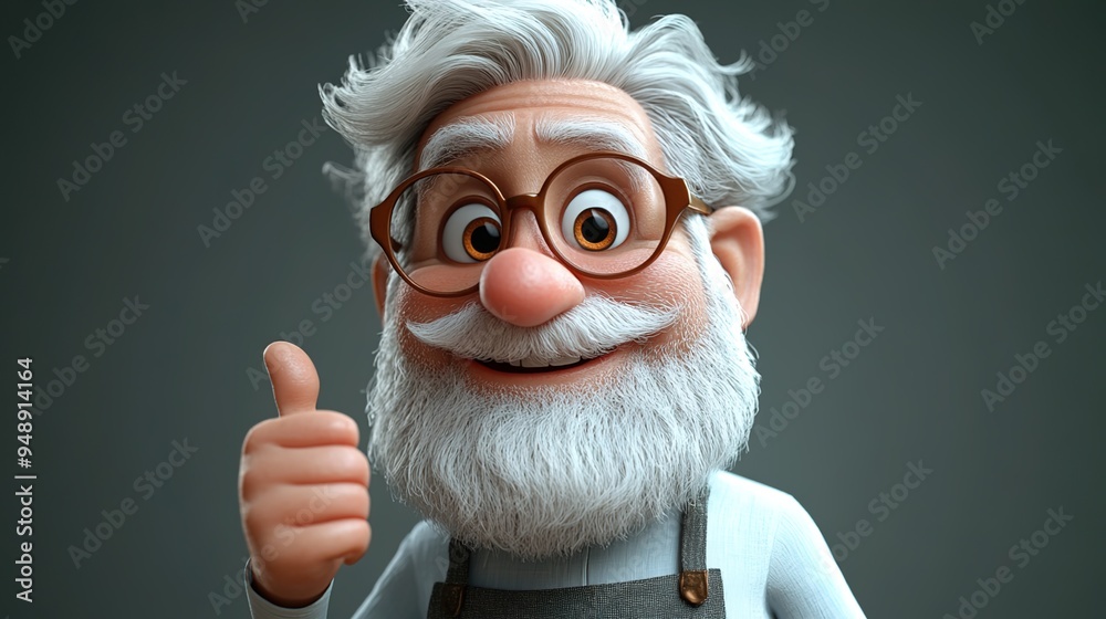 3D cartoon of a happy old man with glasses and white hair, wearing ...