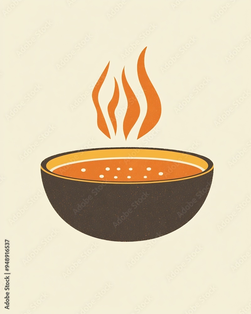 Clean design of a steaming bowl of soup reduced to basic lines and ...