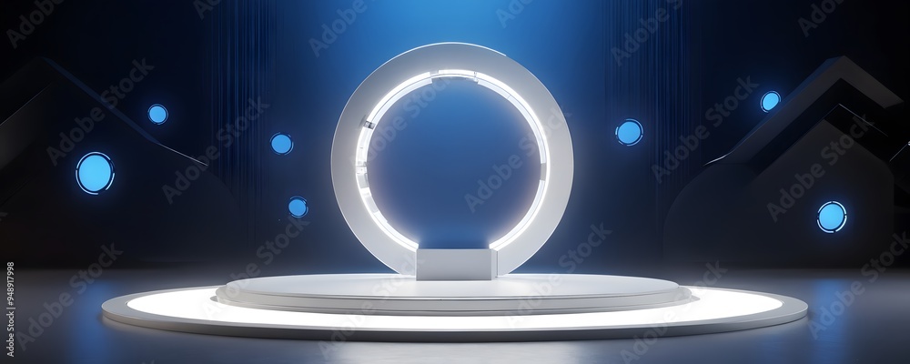 Futuristic presentation stage with circular podium and blue ambient ...