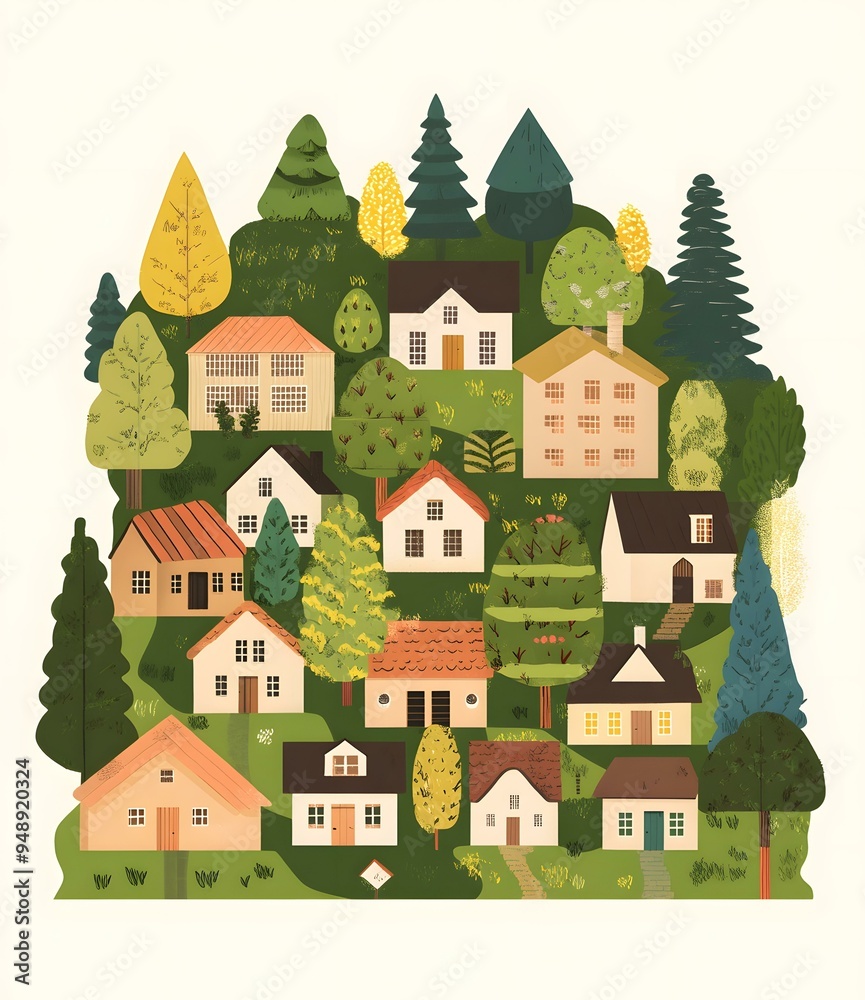 Cute Cartoon Illustration of a Village in the Woods Stock Illustration ...