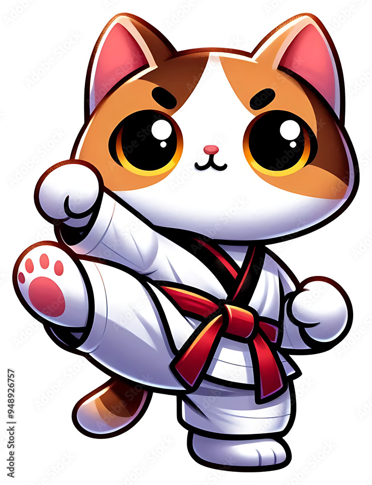Cute martial arts cat in a karate uniform performing a high kick ...