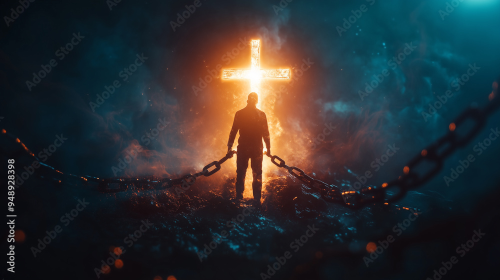 Salvation concept, man breaking from chains of sins, emerging into a ...