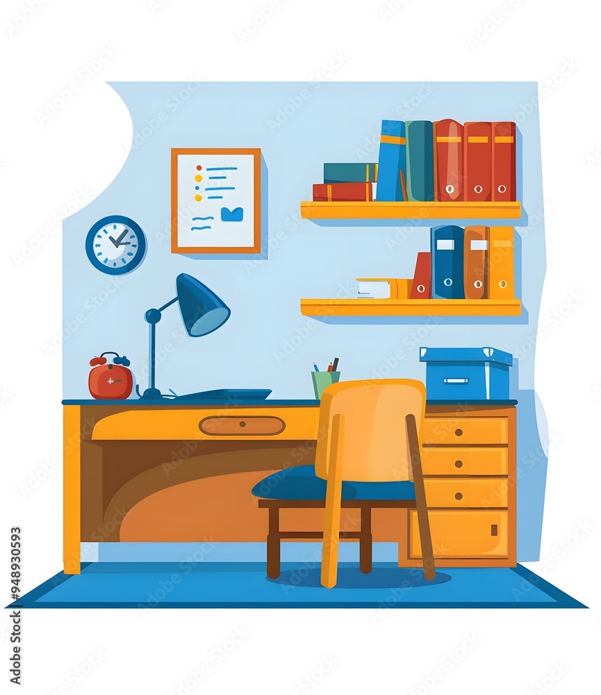 Cartoon Illustration of Home Office Desk with Chair, Bookshelf and Desk ...