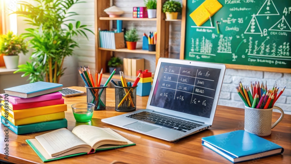 A colorful and organized workspace with textbooks, pencils, and a ...
