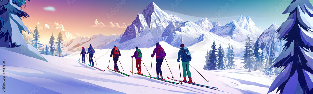 Family on winter ski resort vacation. Cartoon vector back view on man ...