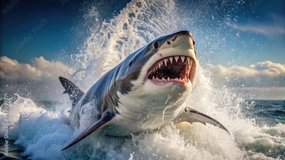 A menacing great white shark opens its powerful jaws, revealing rows of ...