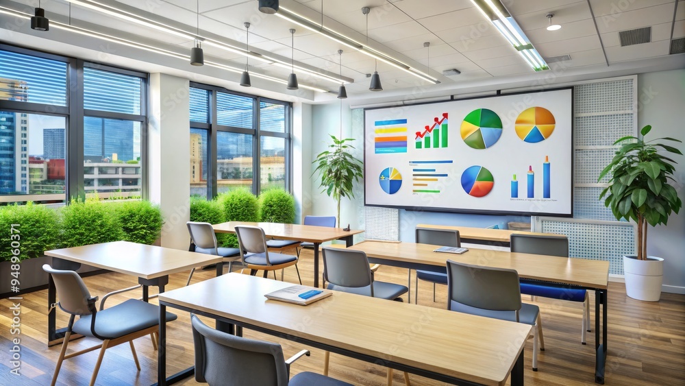 A modern classroom setting with a sleek whiteboard, colorful charts ...
