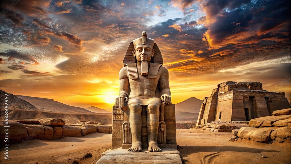 Ancient Egyptian pharaoh's monumental stone statue stands tall amidst ...