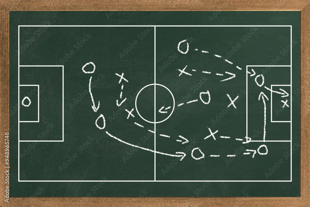Soccer strategy on the black board with point stick, washcloth and ...