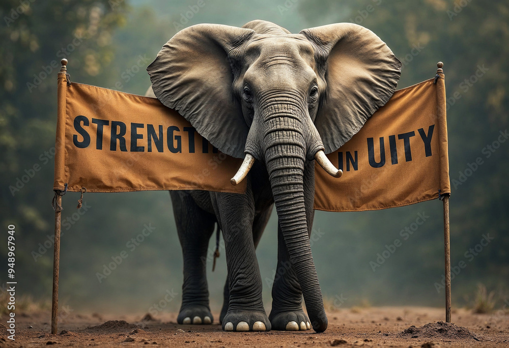 A majestic adult elephant standing proudly with a banner that reads ...