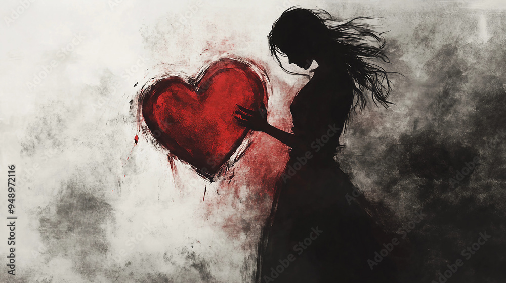 Captured heart suspended within female silhouette split by playful ...