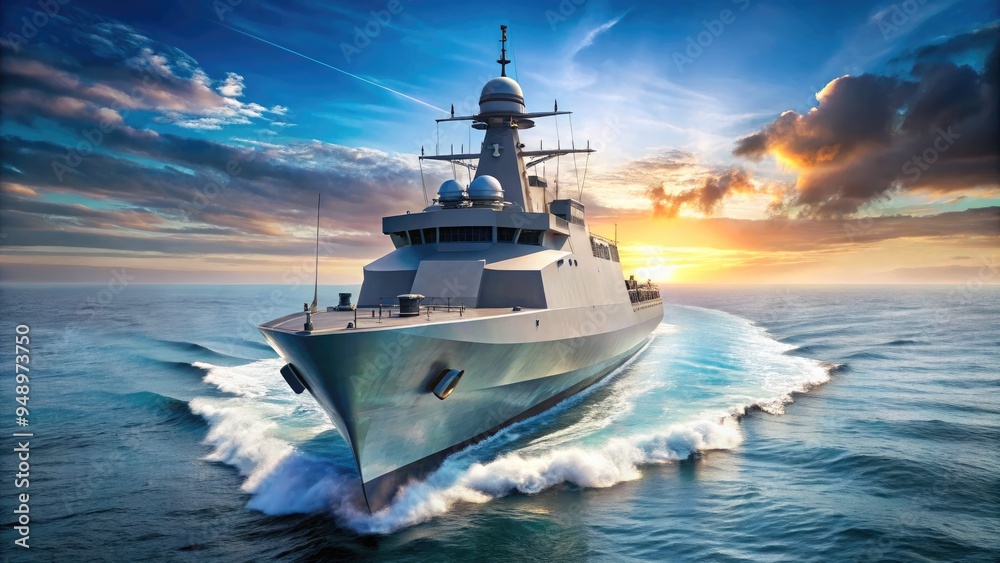 A sleek, high-tech naval warship slices through calm ocean waters, its ...