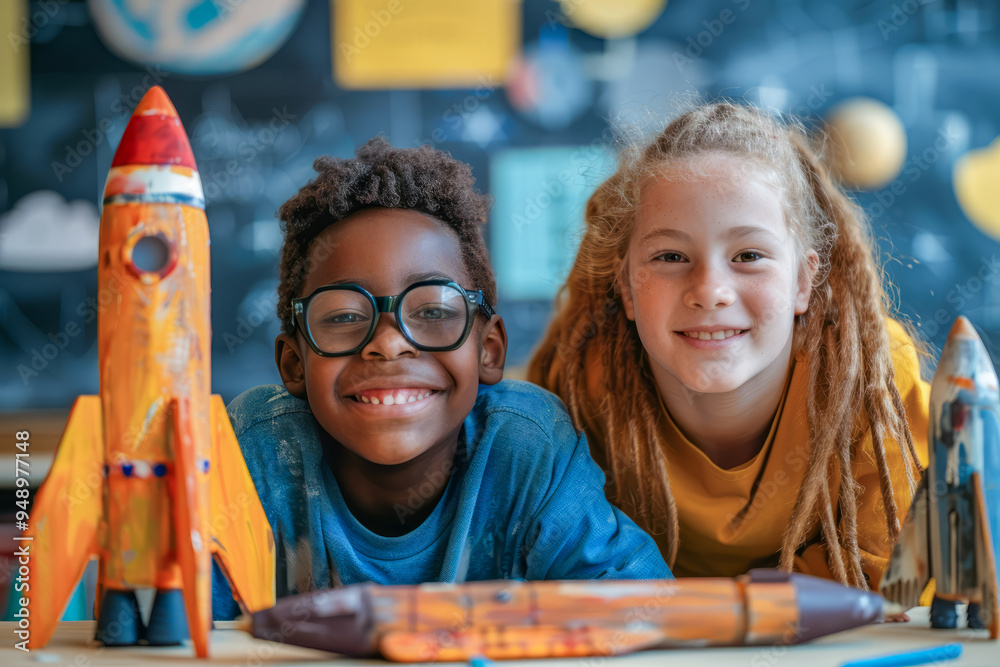 A young boy and girl in elementary school are enthusiastically building ...