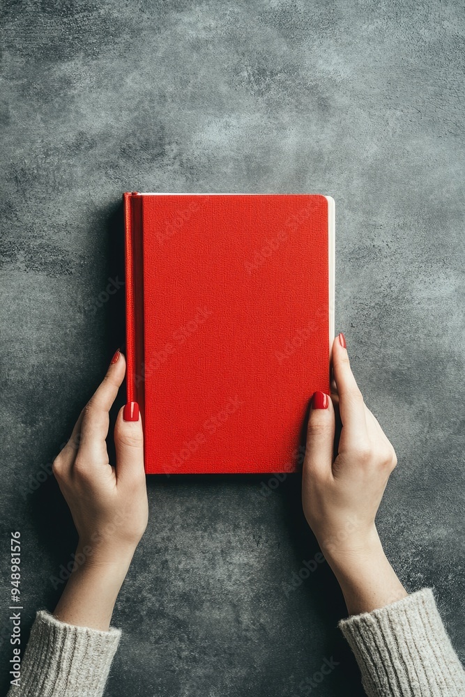 Employee Handbook Template: Female Holding Red Book Cover on Grey ...