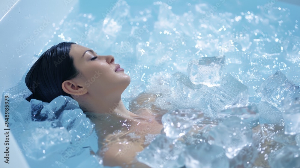 Woman relaxing in a cold ice bath surrounded by ice cubes for recovery ...