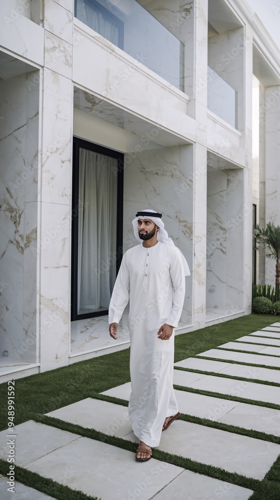 Modern Emirati Architecture: A man in traditional Emirati attire walks ...