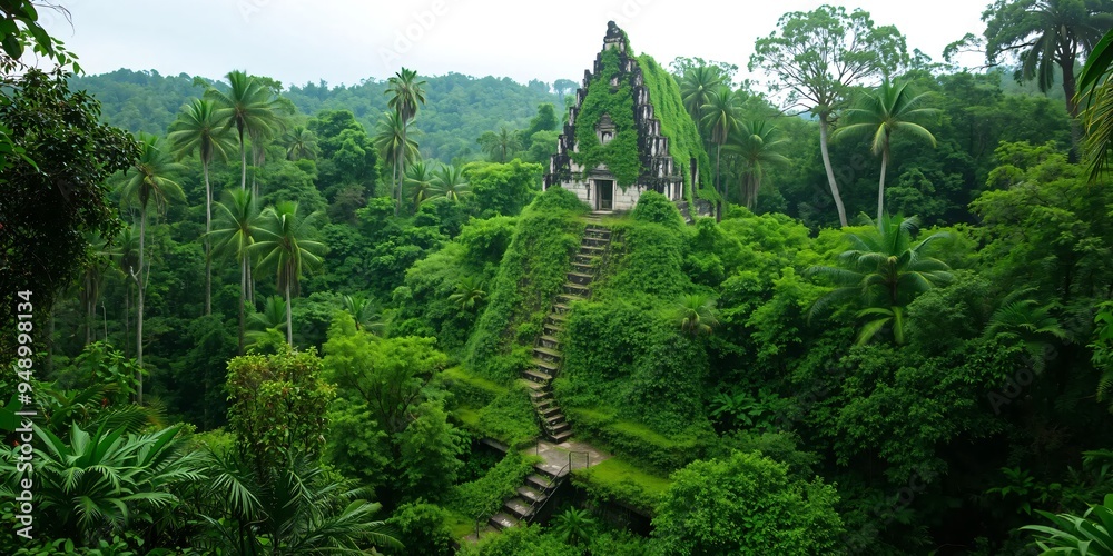 ancient and overgrown mayan temple ruins in the jungle, lost place in ...