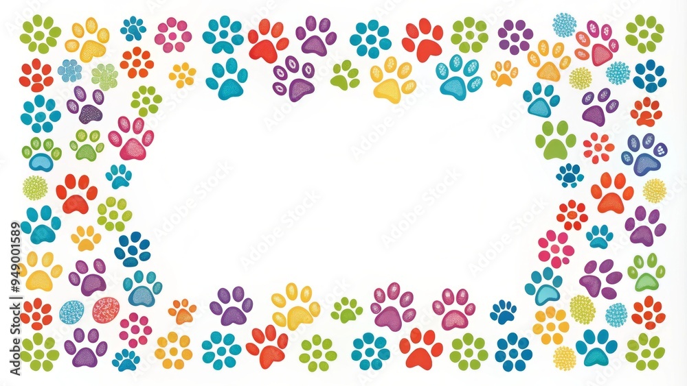 Whimsical illustration of adorable paw prints in various colors and ...